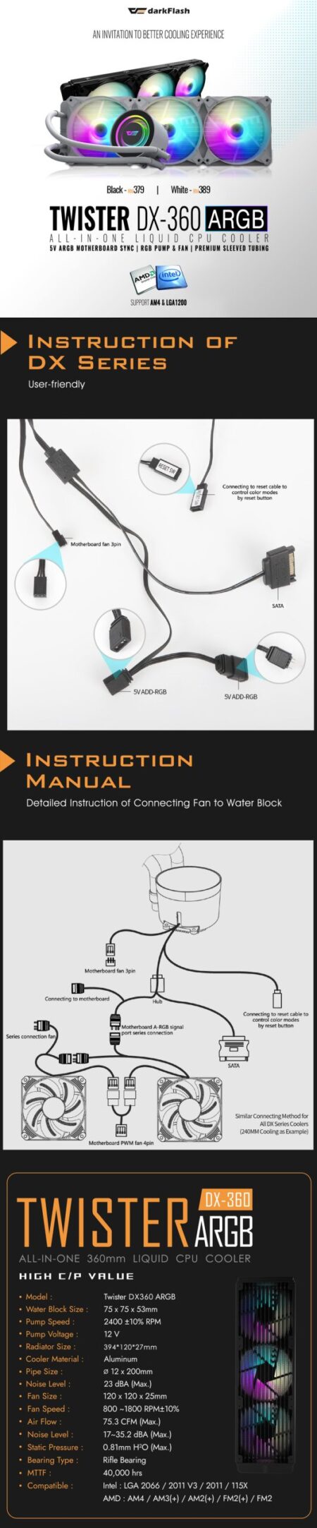 Darkflash DX-360 ARGB Liquid Cooler - BLACK Price in Pakistan